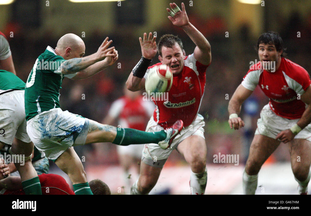 Wales's Matthew Rees tries to charge down a clearing kick by Ireland's ...