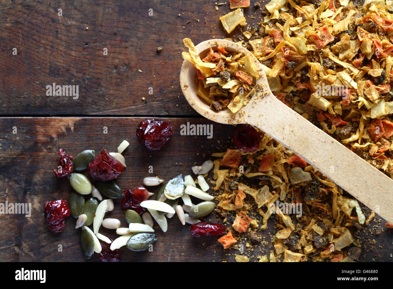 Set of various spice ingredients and spoon on old wooden background ...