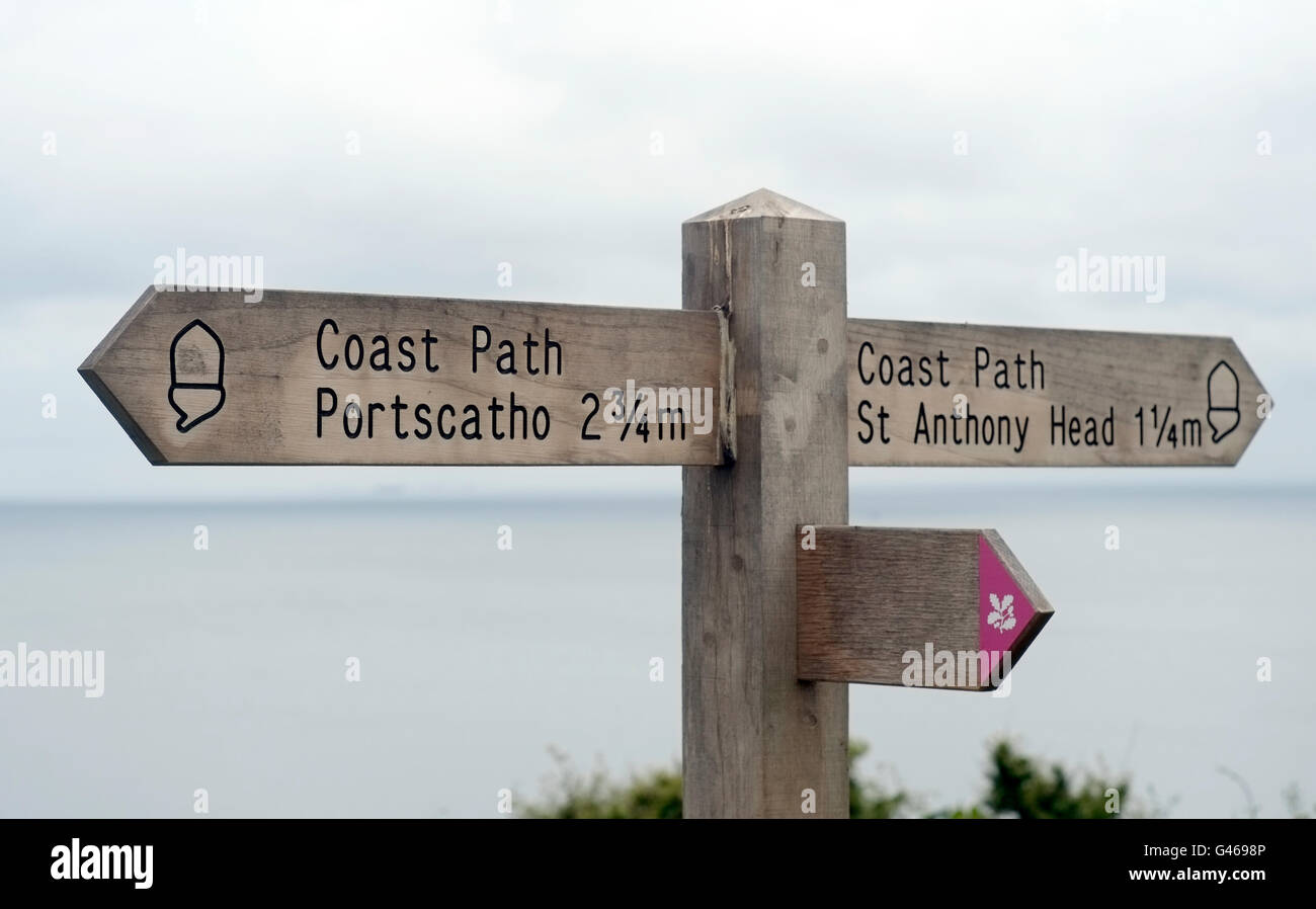 A signpost points to St Anthony and Portscatho in Cornwall, Britain ...