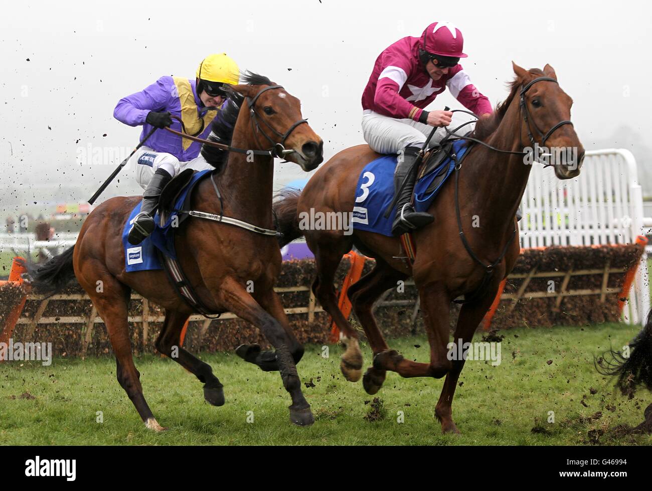Jockey Davy Russell on First Lieutenant (right) leads from So Young ...