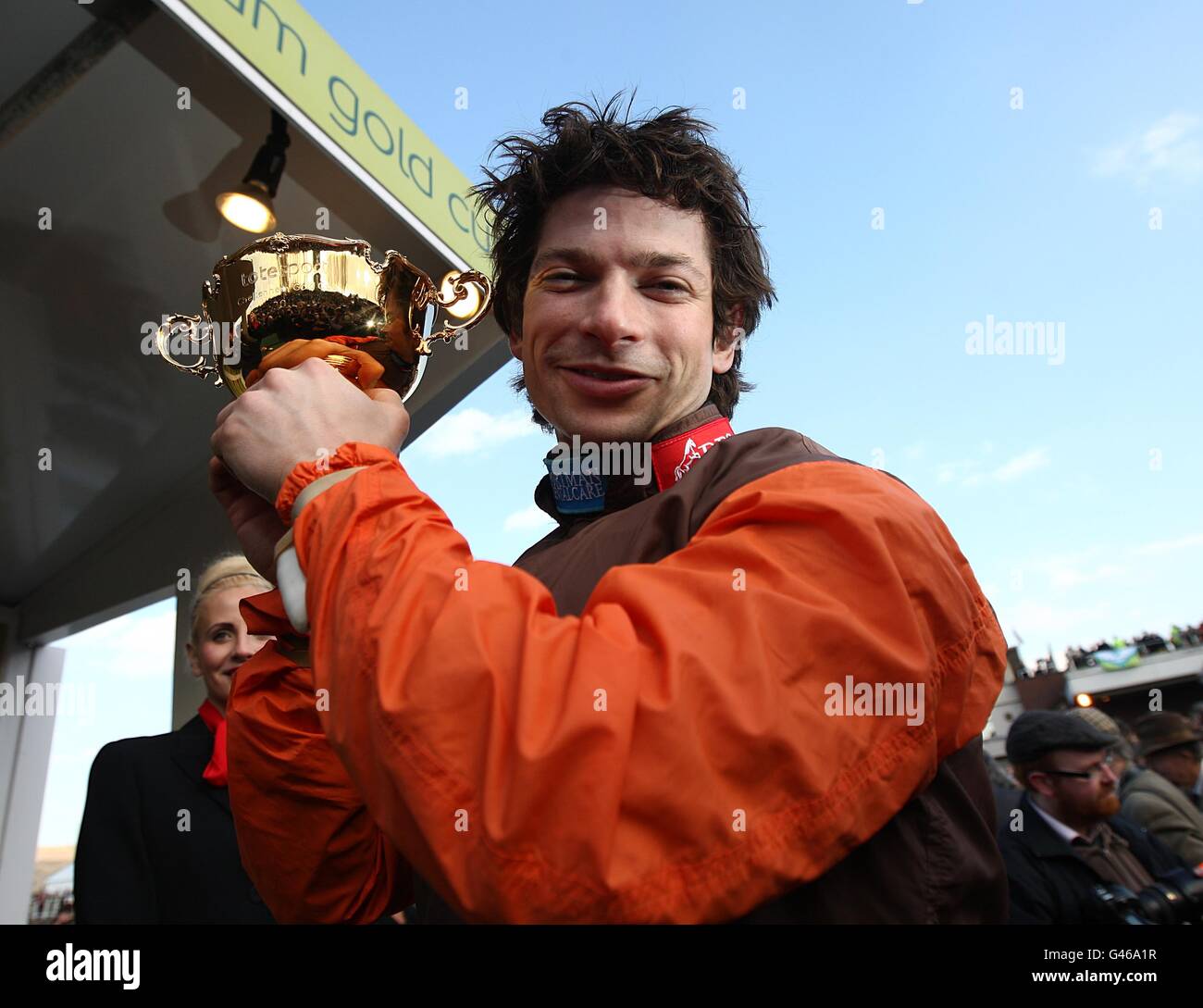 Jockey Sam Waley-Cohen celebrates winning the totesport Cheltenham Gold ...