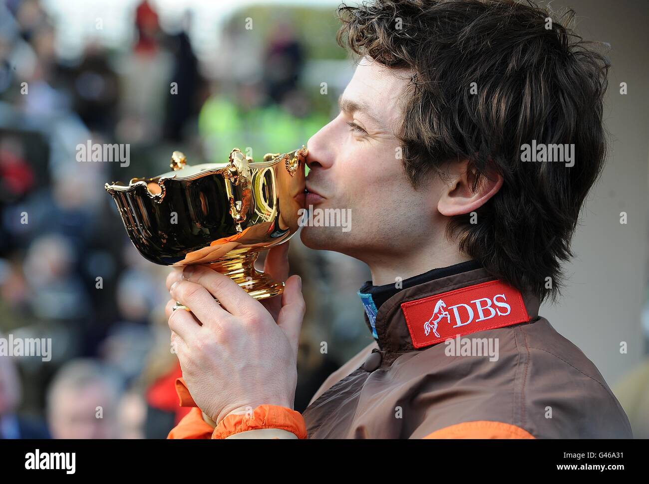 Jockey Sam Waley-Cohen celebrates winning the totesport Cheltenham Gold ...