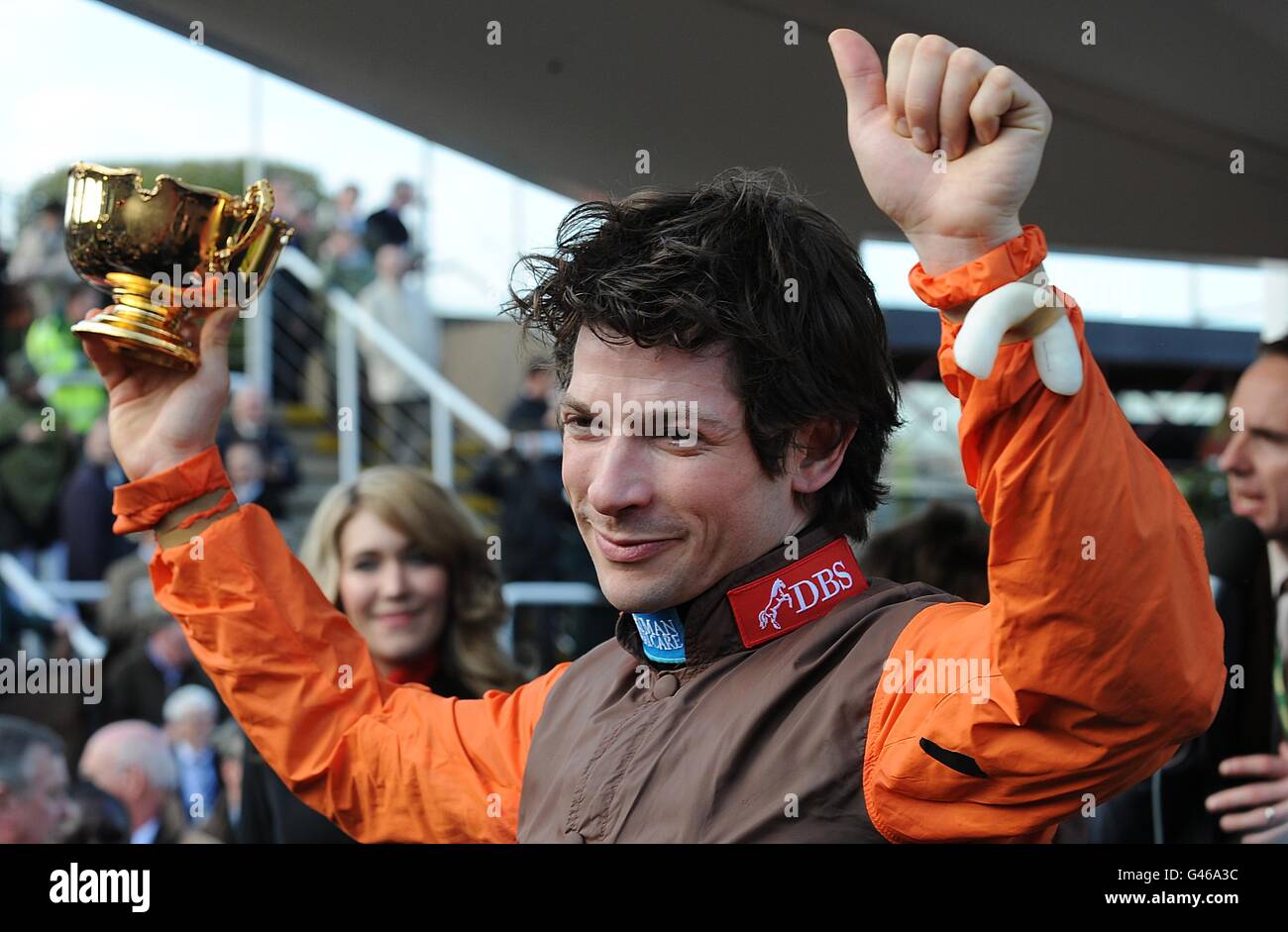 Jockey Sam Waley-Cohen celebrates winning the totesport Cheltenham Gold ...