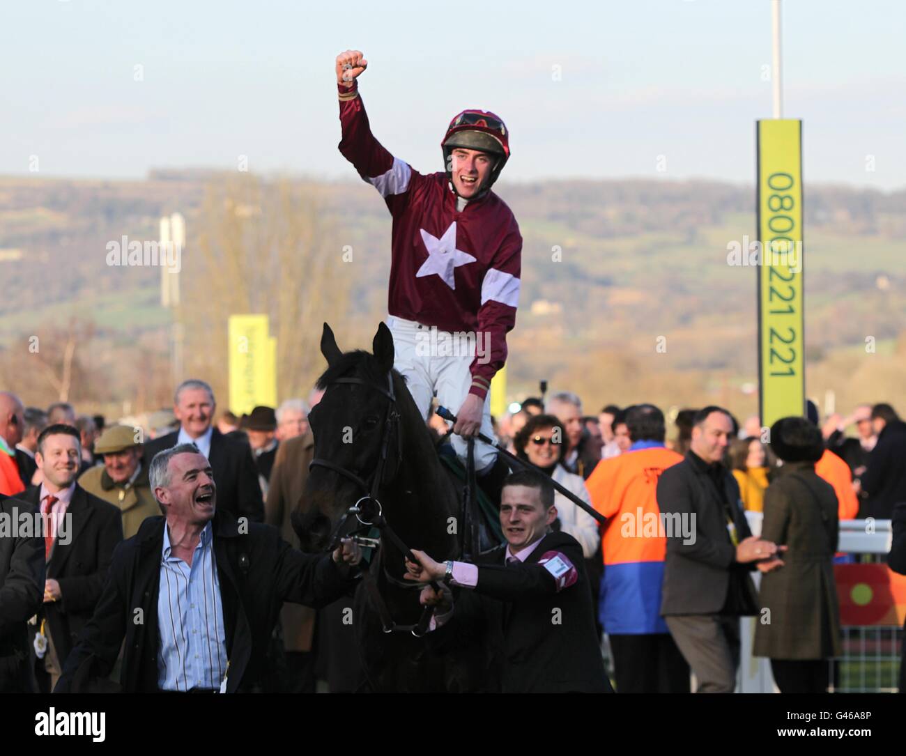 Jockey Emmet Mullins celebrates winning the Martin Pipe Conditional ...
