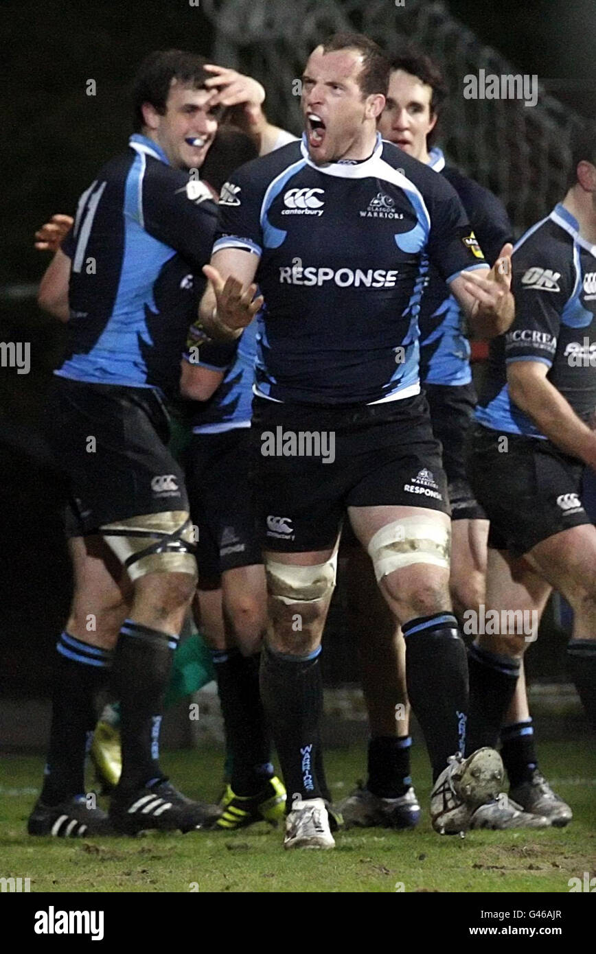 Glasgow Warriors Alex Dunbar (back left) celebrates his try with James ...