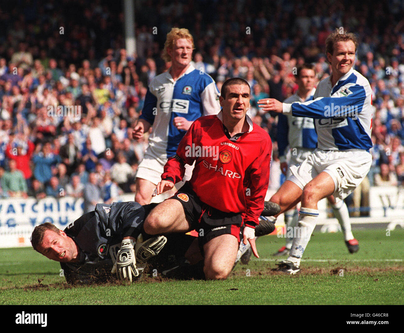 Machester United's Eric Cantona is denied by Blackburn Rovers ...