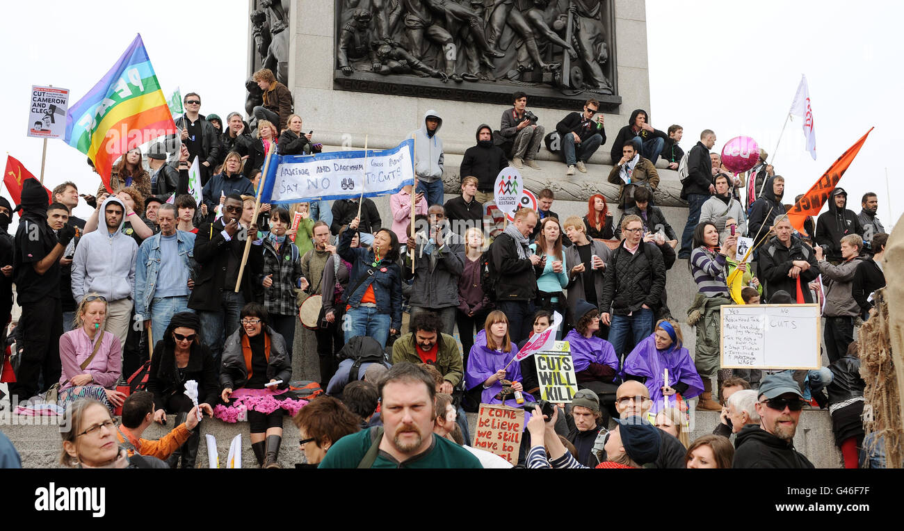 Demonstrators on the TUC March For The Alternative on the plinth of ...