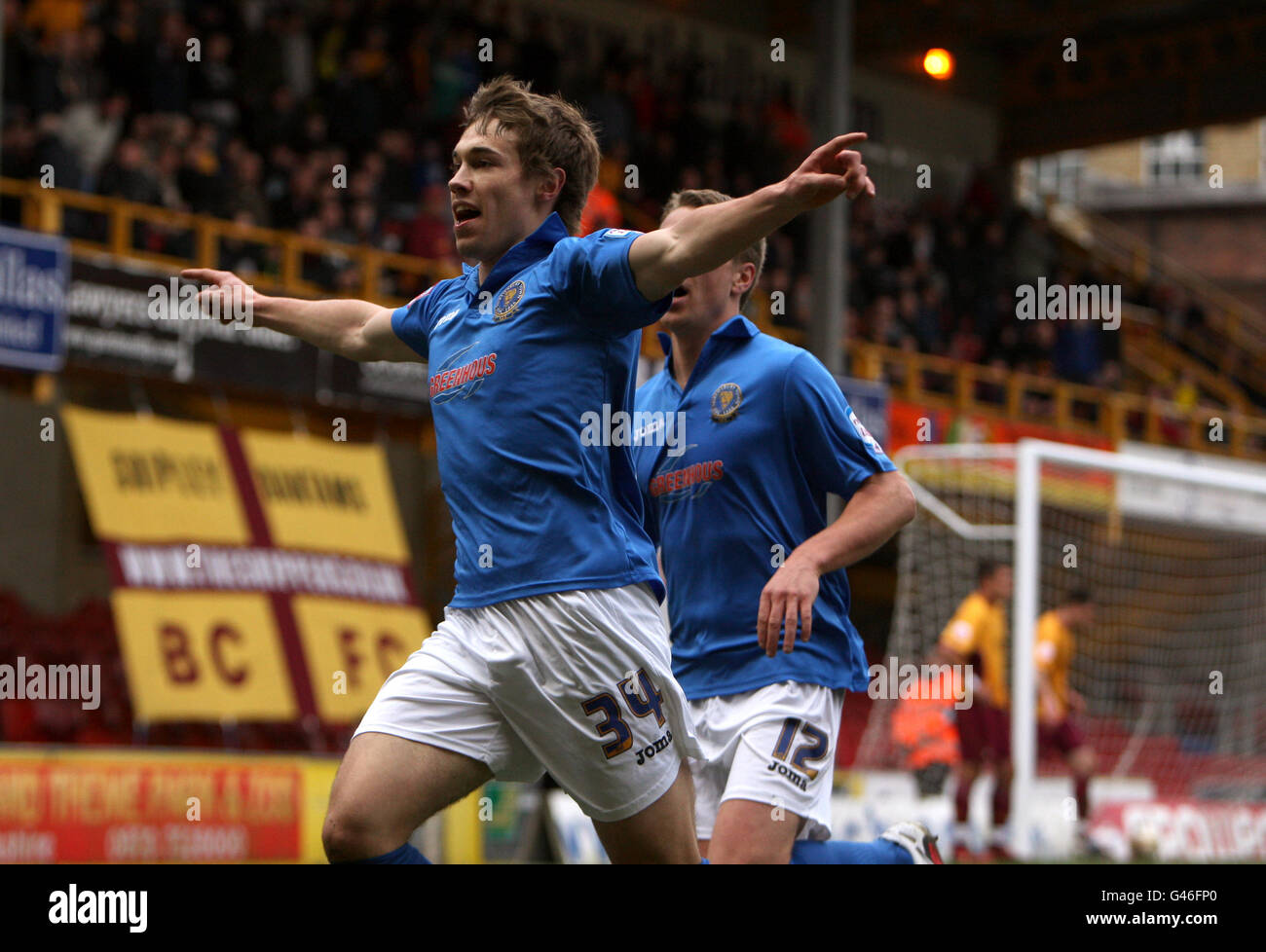 Shrewsbury Town's Tom Bradshaw celebrates scoring his second goal of ...