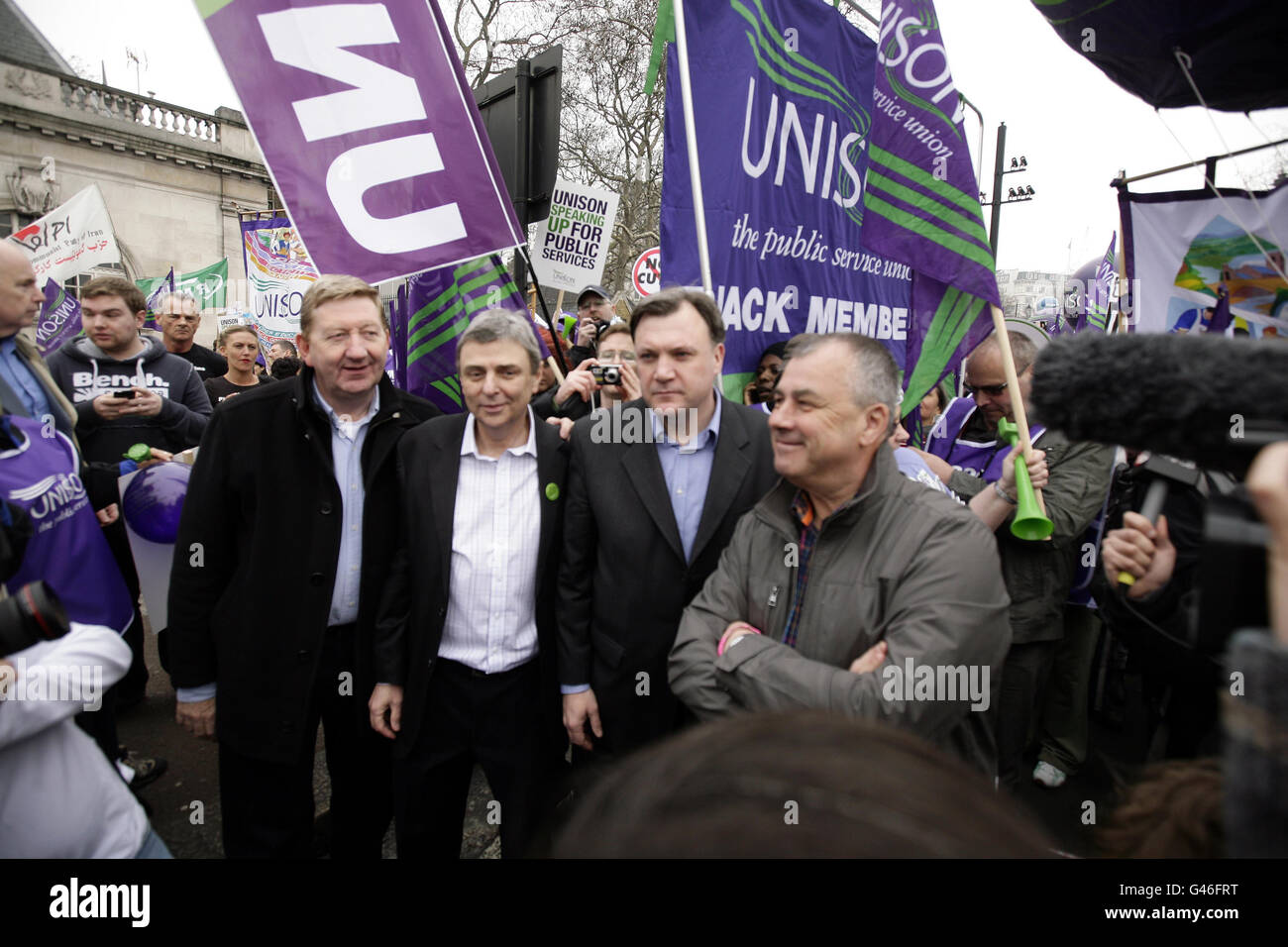 Unite general secretary Len McCluskey, Shadow Chancellor Ed Balls (3rd ...