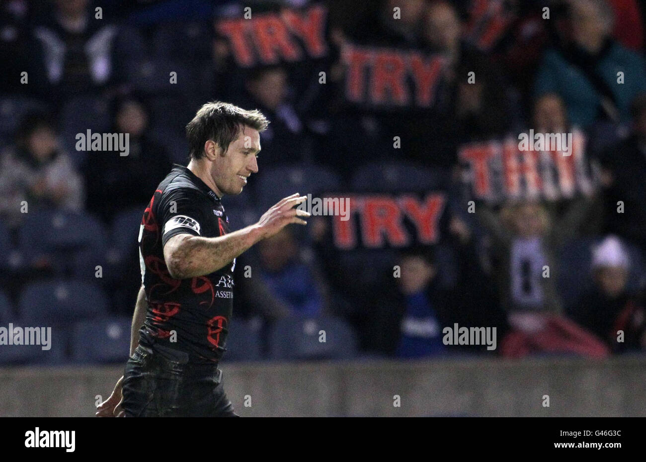 Edinburgh's Jim Hamilton celebrates a try during the Magners League ...