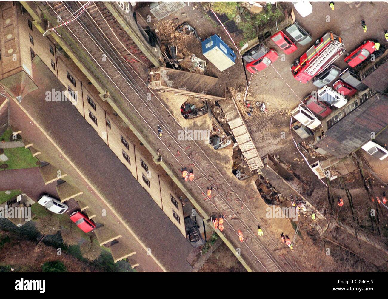 Aerial shot of Bexley train station today (Tue) where a freight train ...