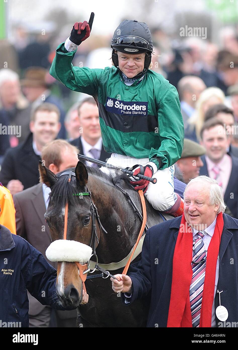 Jockey Robert Thornton celebrates winning the Stewart Family Spinal ...