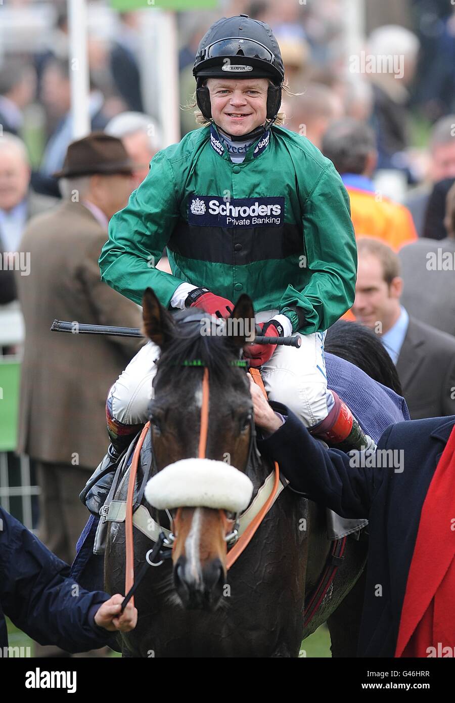 Jockey Robert Thornton celebrates winning the Stewart Family Spinal ...