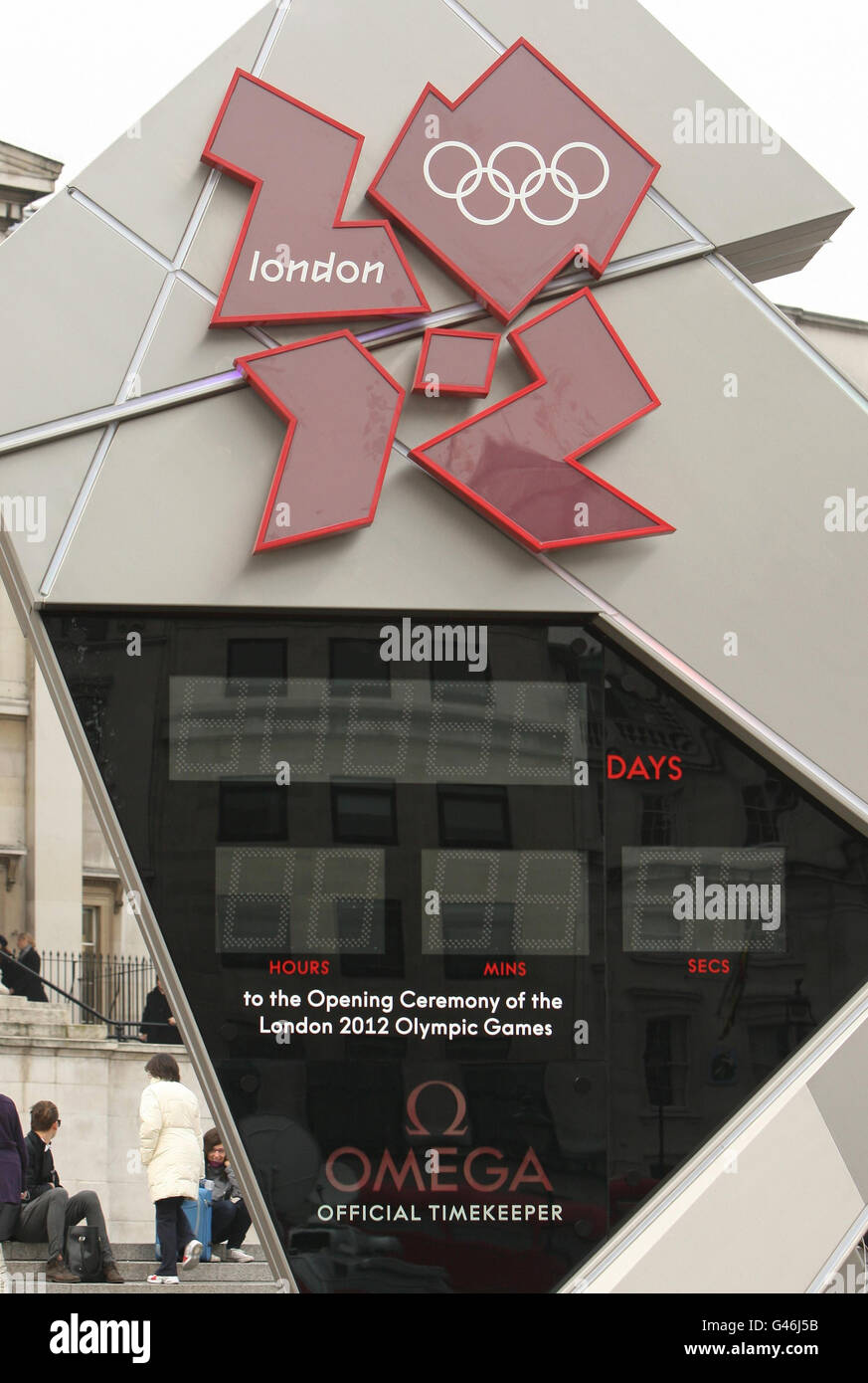 A general view of the Olympic Clock in Trafalgar Square, London, after ...