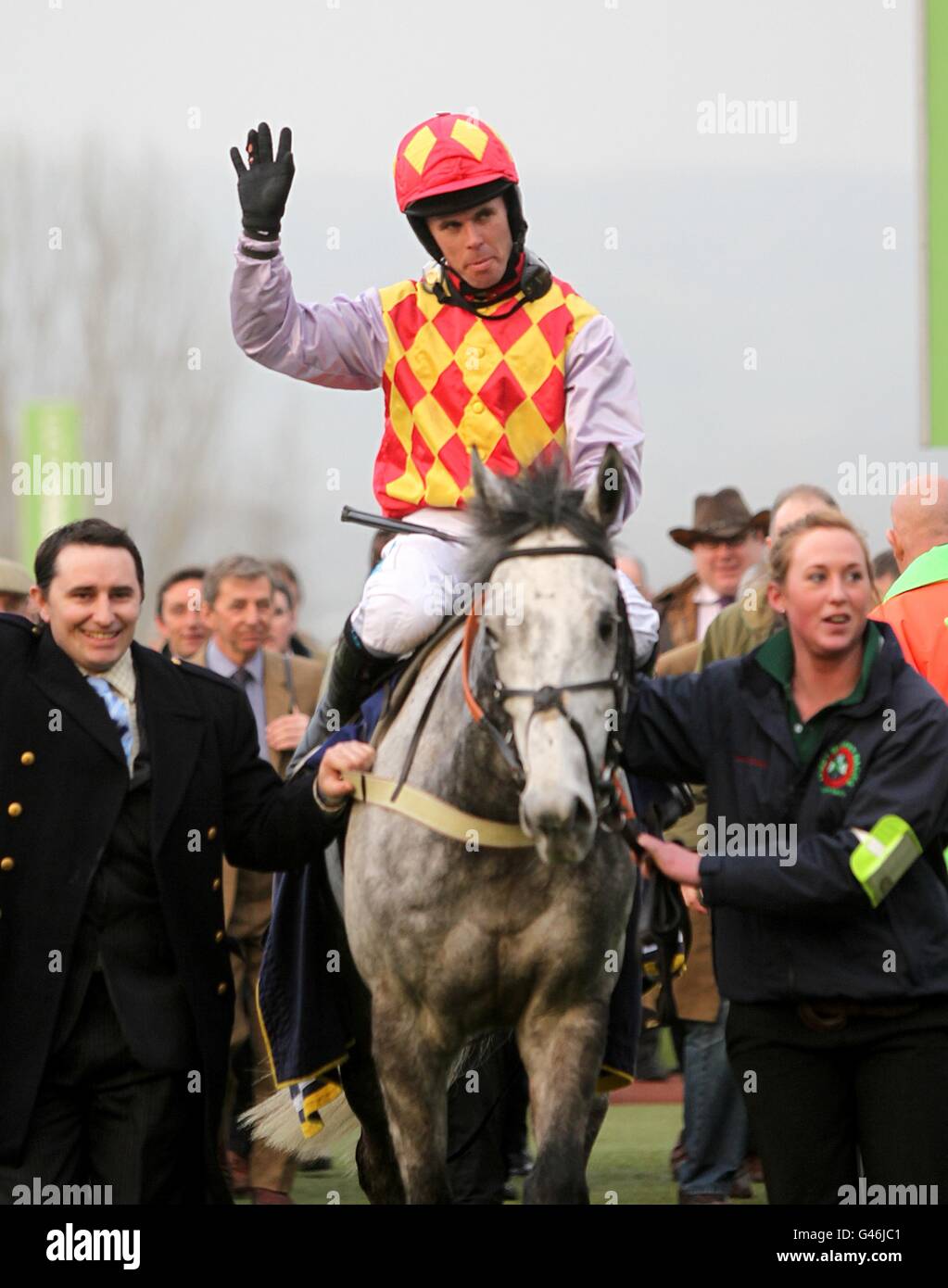 Jockey Graham Lee celebrates on Divers after winning the Centenary ...
