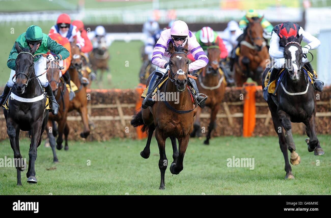 Jockey Daryl Jacob (centre) on his way to winning the JCB Triumph ...