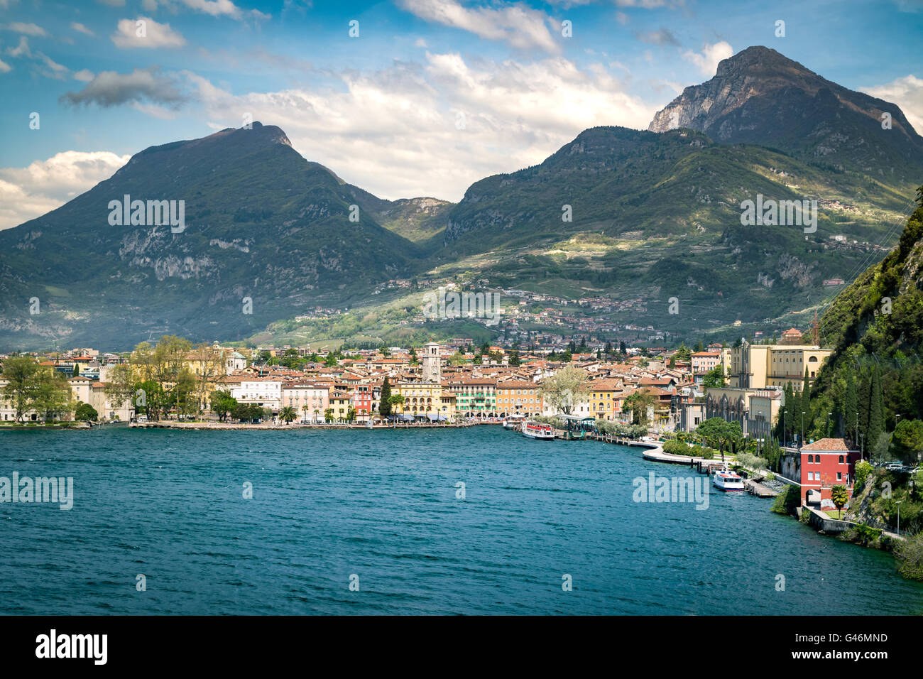 Panorama of the gorgeous Lake Garda surrounded by mountains in Riva del ...
