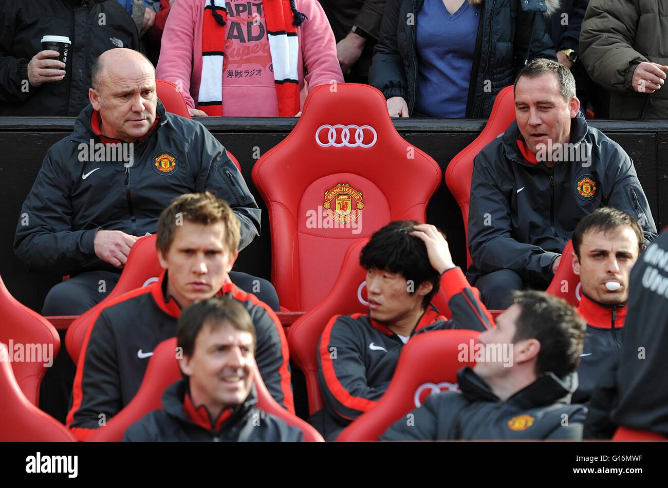 A view of Manchester United manager Alex Ferguson's vacant seat in the ...