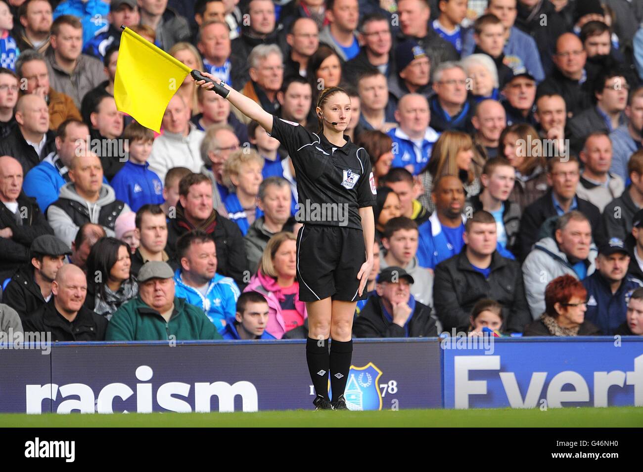 Assistant referee sian massey flags on the touchline hi-res stock ...
