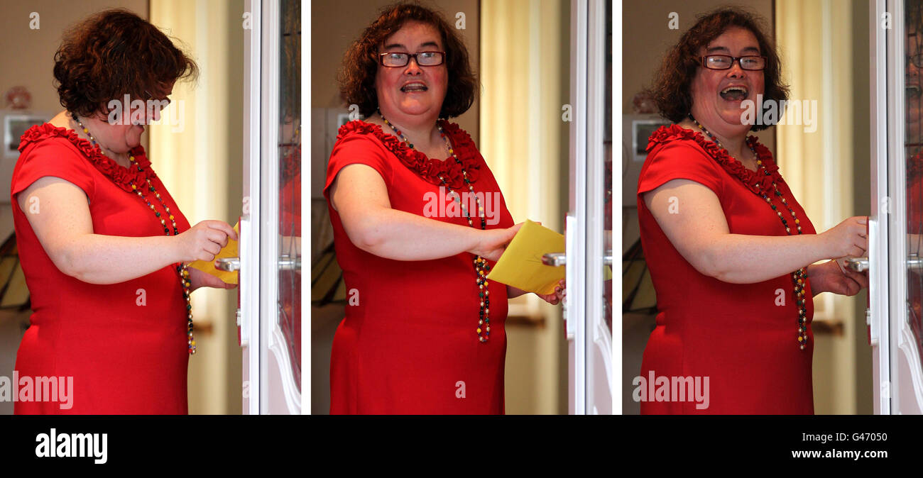 A composite of singer Susan Boyle opening a birthday card as she ...