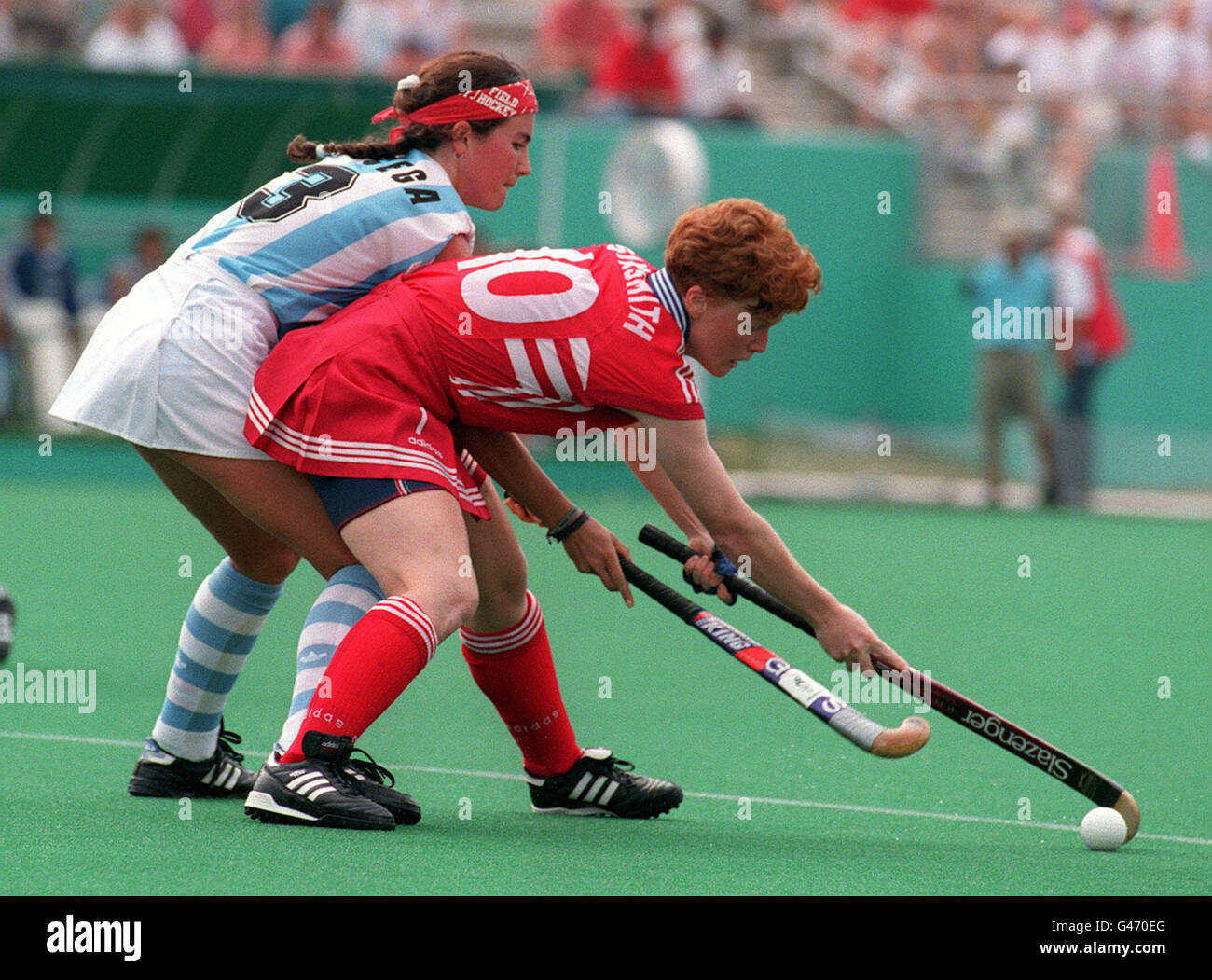 Under tight marking from Argentina's Magdelena Aicega, Britain's Jane ...