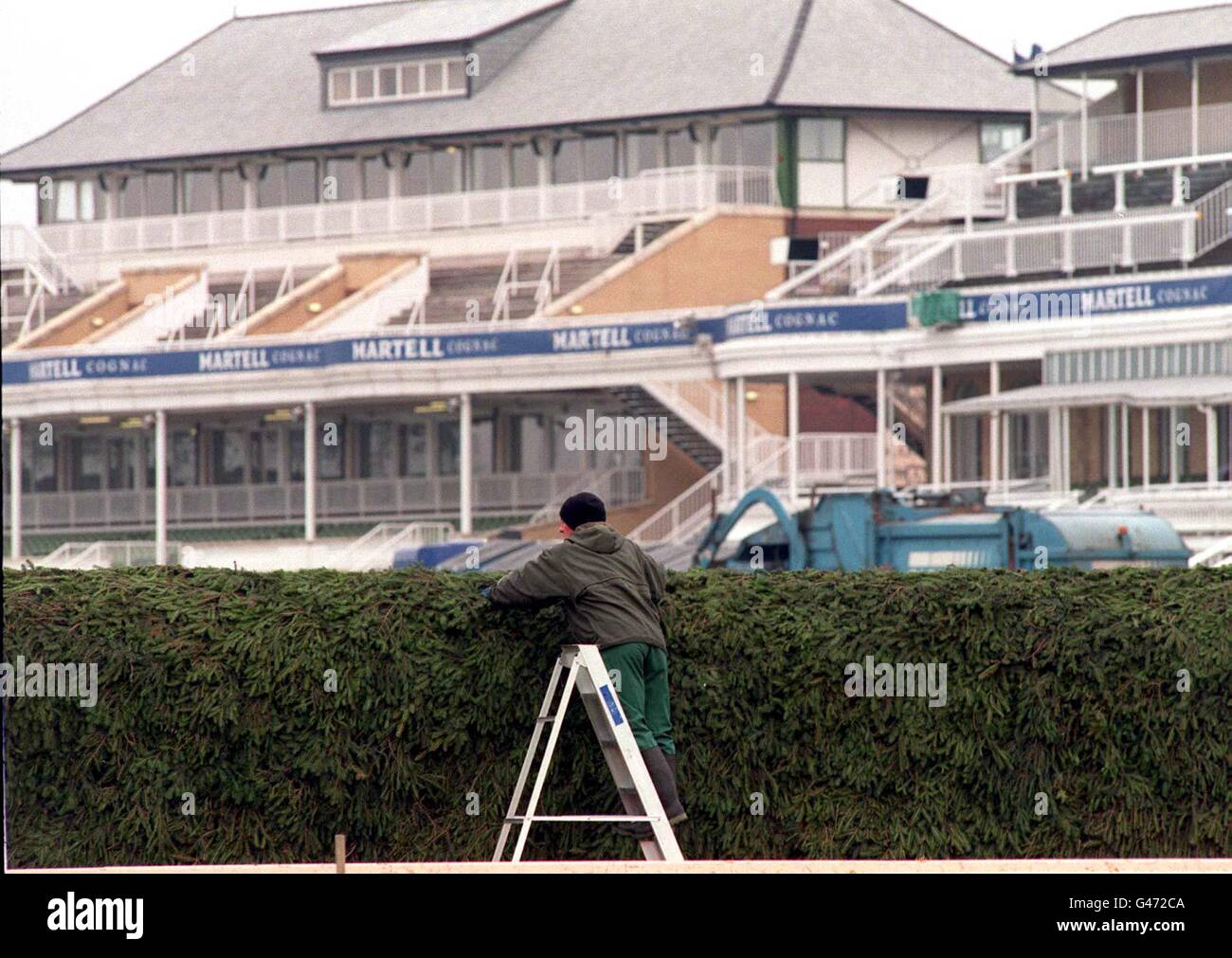 Final preparations at the Chair fence on Aintree Racecourse for the ...