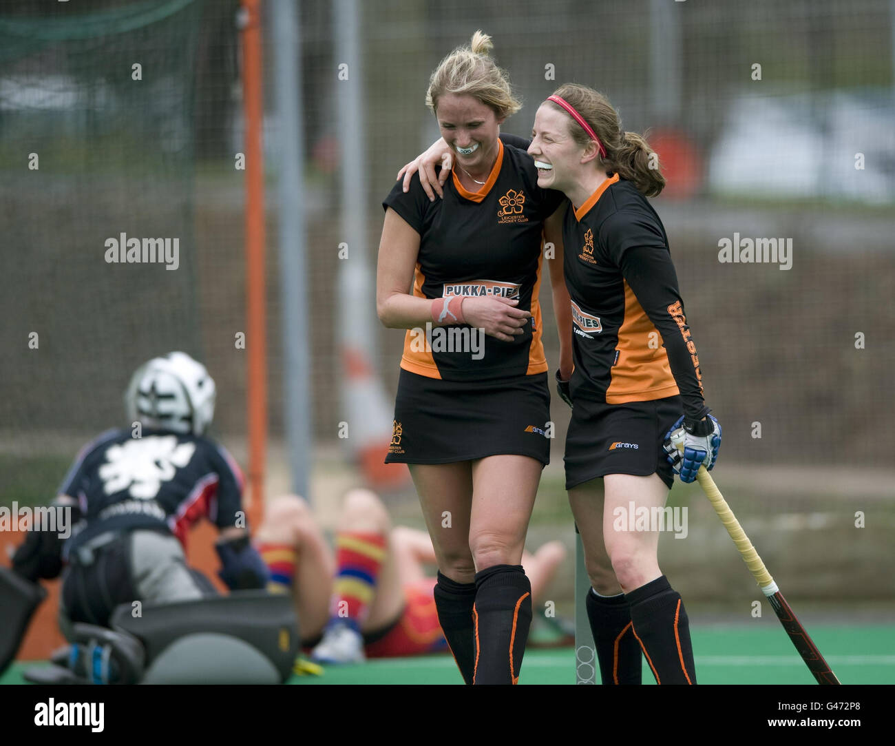 Leicester's Rebecca Herbert and Lucy Barrett celebrate the seventh goal ...