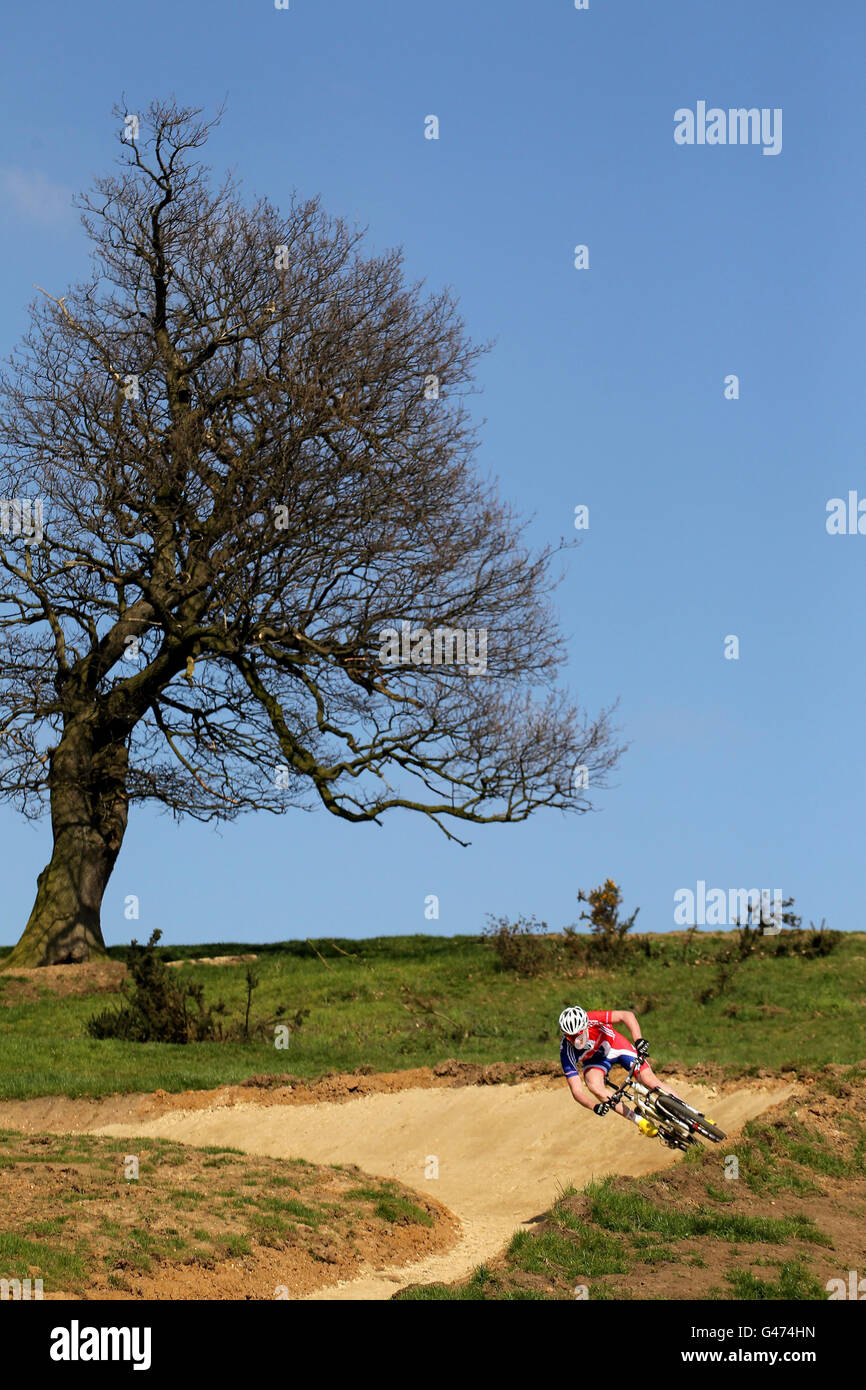 British rider Liam Killeen tackles a downhill section on the course at ...