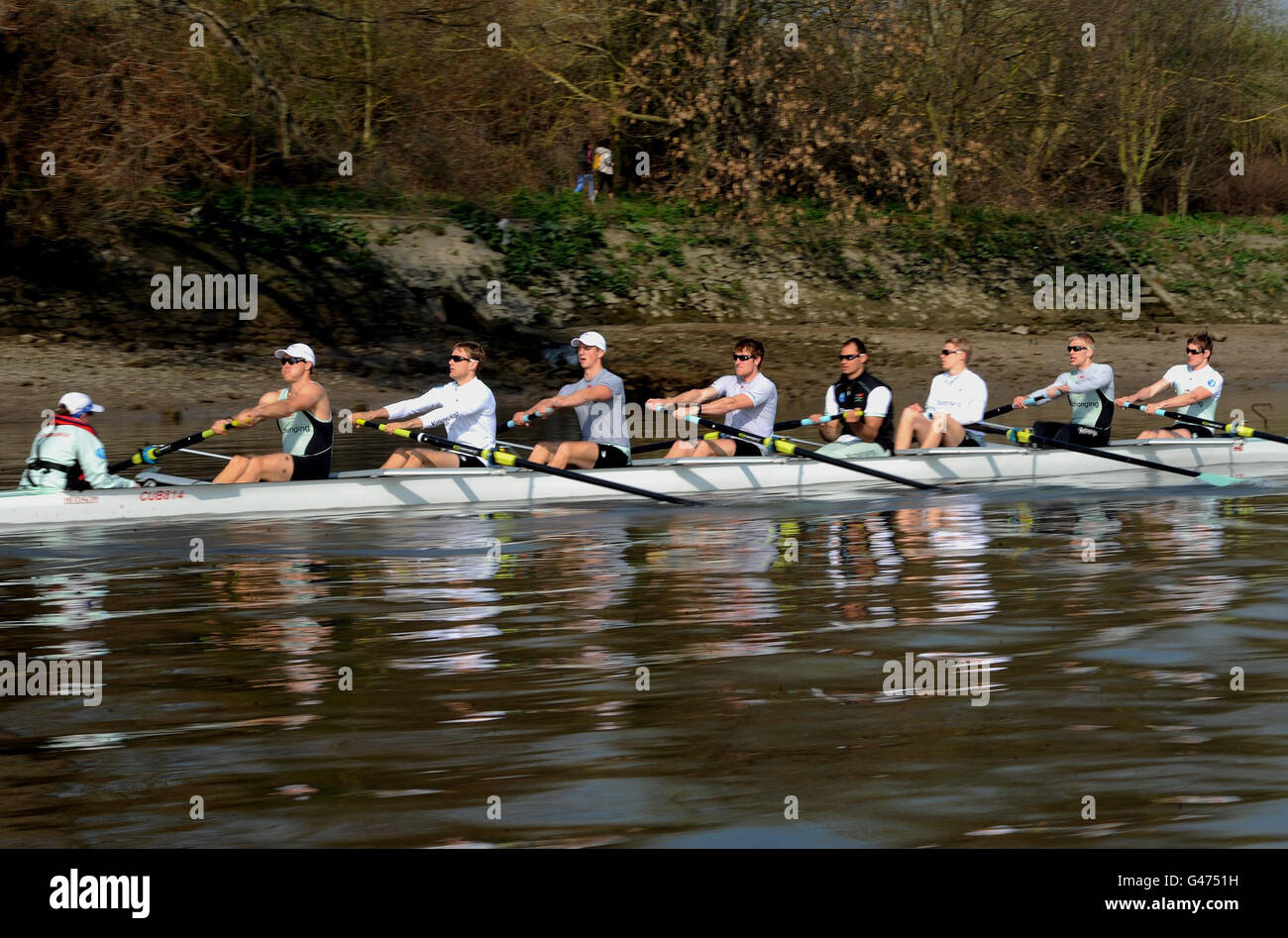 The Cambridge boat race team during a practice session on the river ...