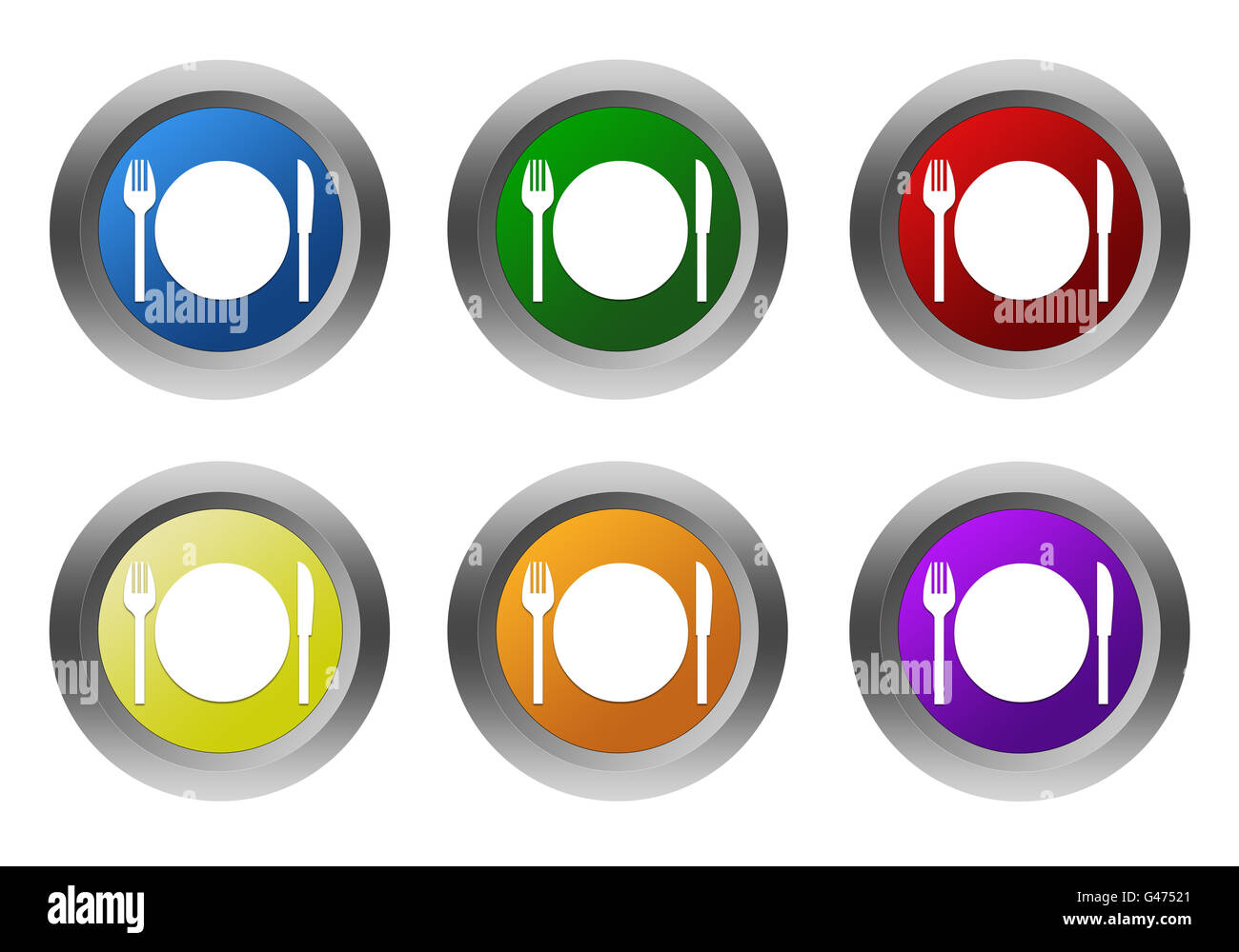 Set of rounded colorful buttons with restaurant symbol in blue, green ...