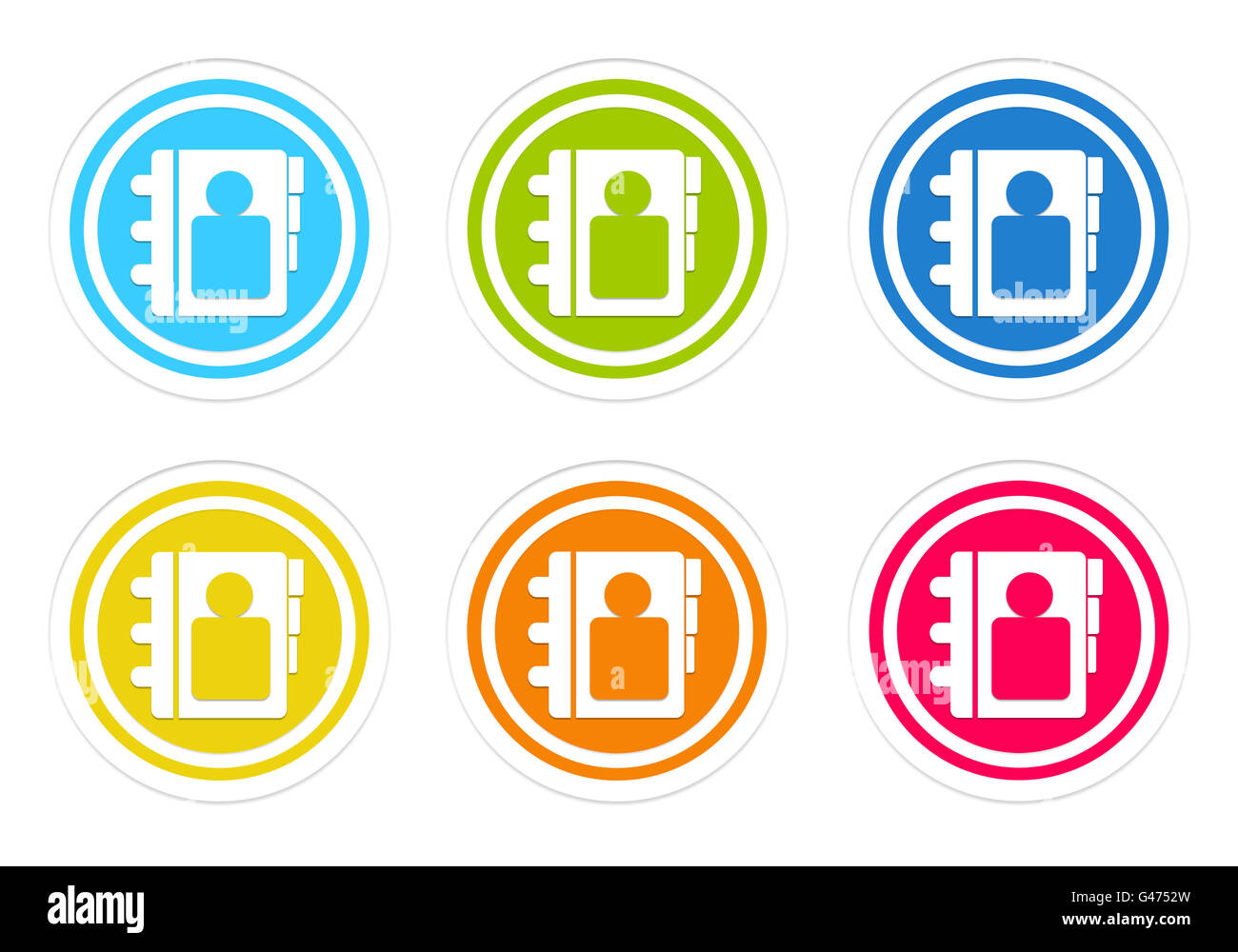 Set of rounded icons with address book symbol in blue, green, yellow ...