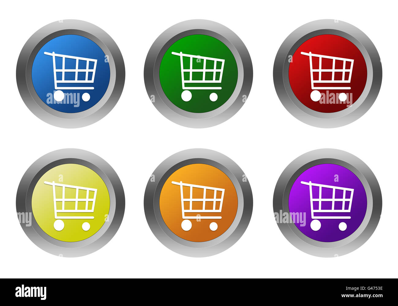 Set of rounded colorful icons with shopping cart symbol in blue, green ...