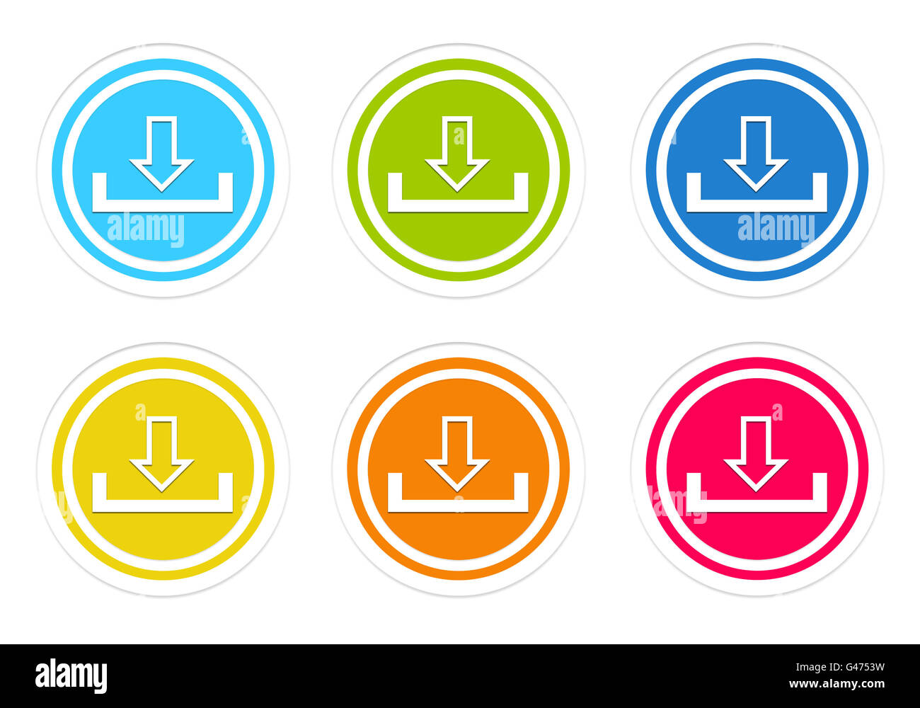 Set of rounded colorful buttons with download symbol in blue, green ...