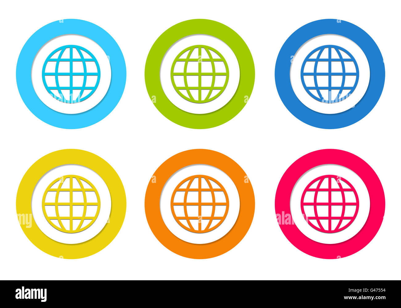 Colorful rounded icons with world symbol in blue, green, yellow, orange ...