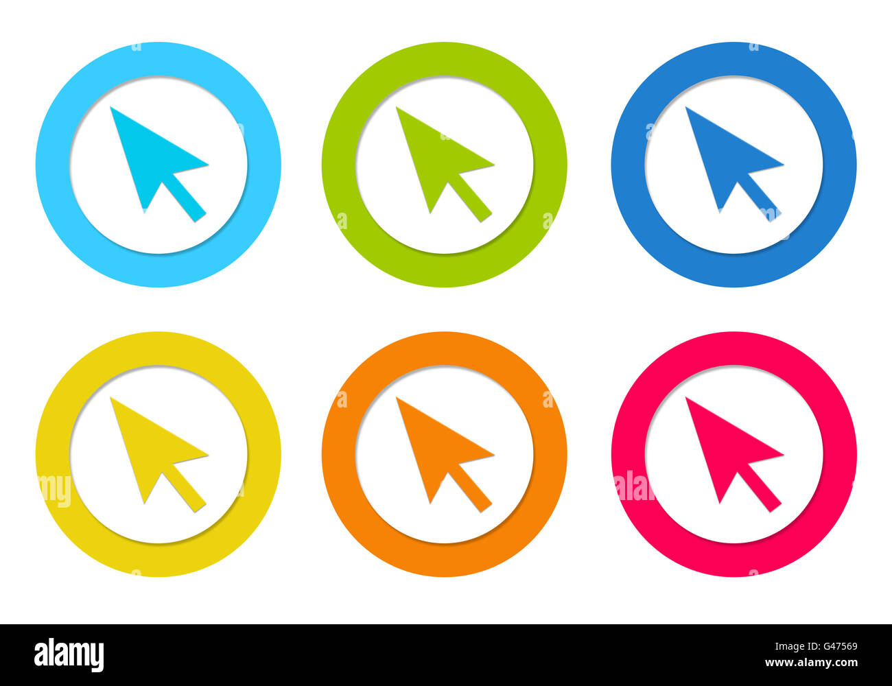 Colorful rounded icons with arrow symbol in blue, green, yellow, orange ...