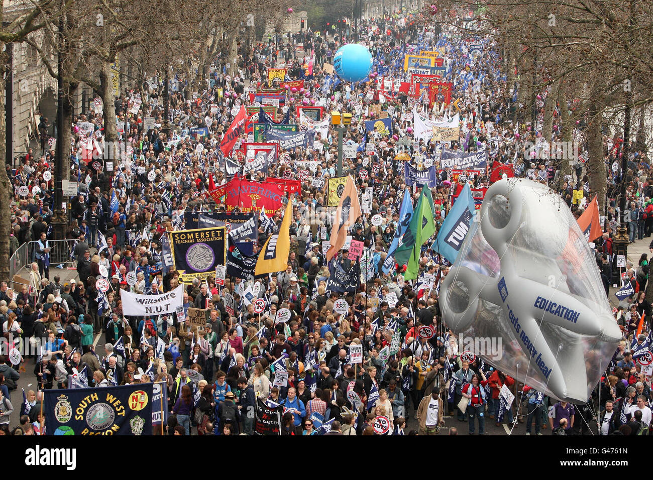 Demonstrators assemble near Waterloo Bridge before the start of the TUC ...