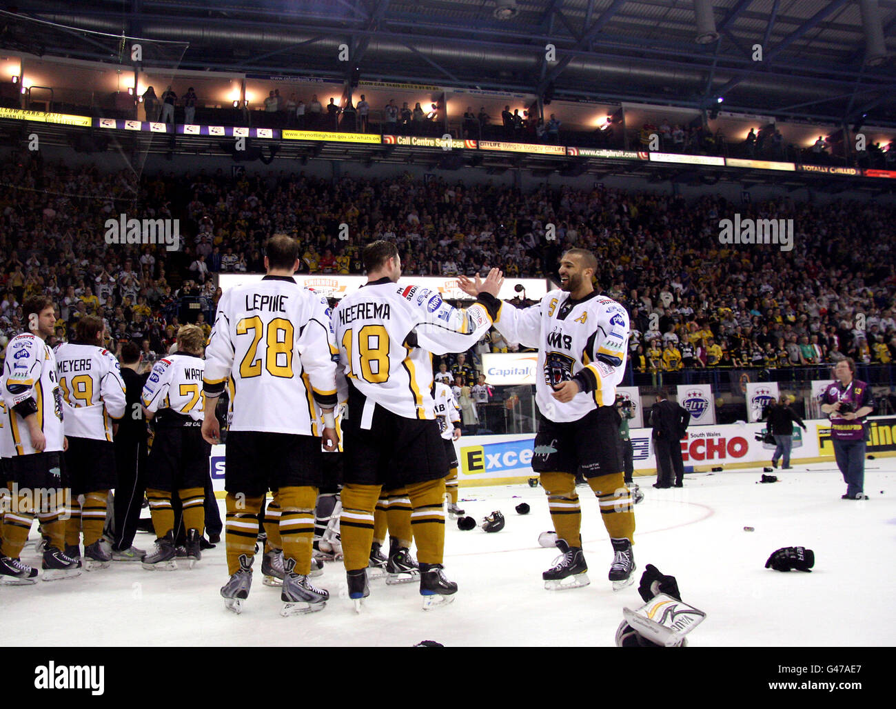 Nottingham Panthers Guillaume Lepine (left), Jeff Heerema (centre) and ...