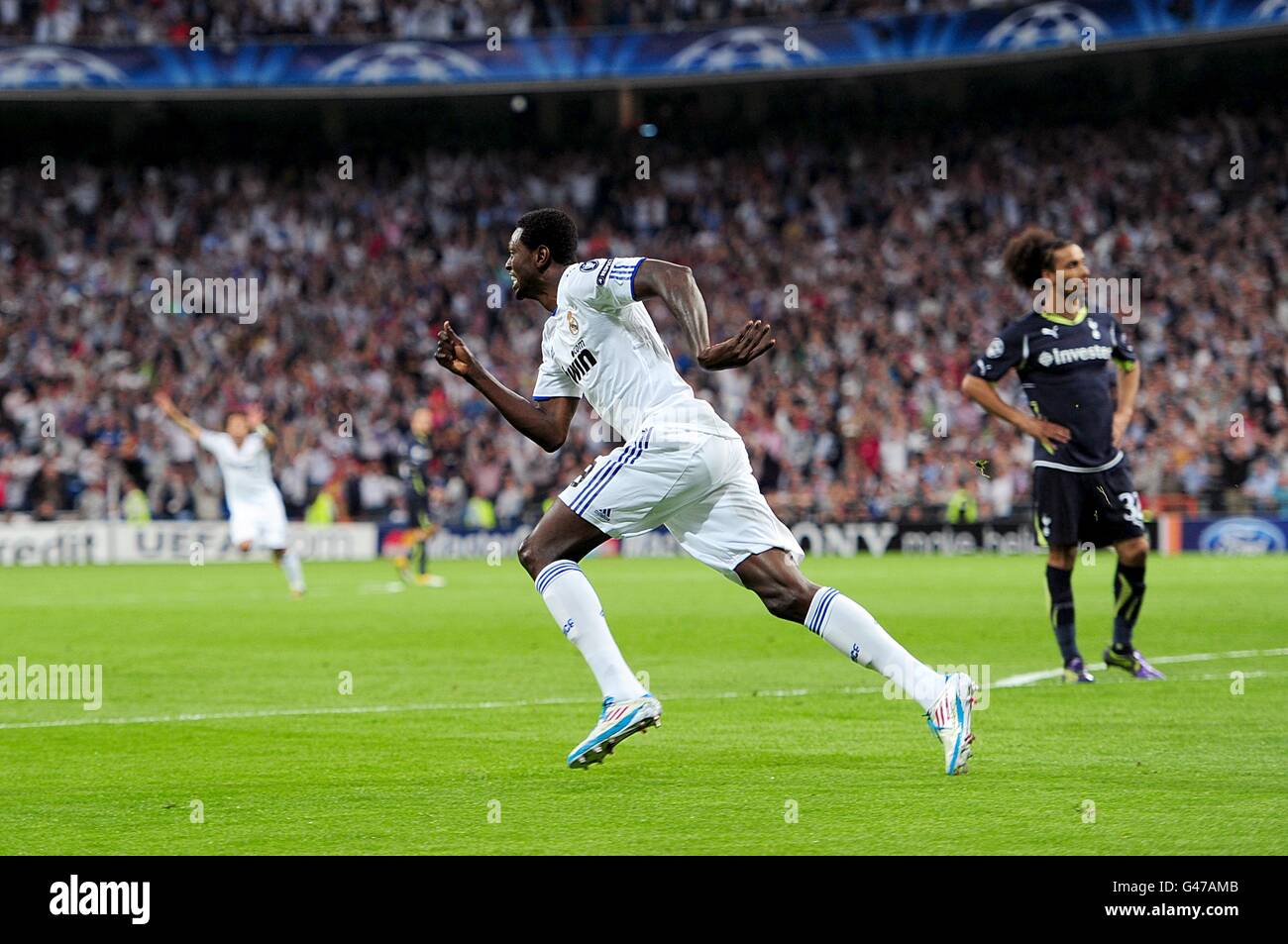 Real Madrid's Emmanuel Adebayor celebrates after scoring the first goal ...