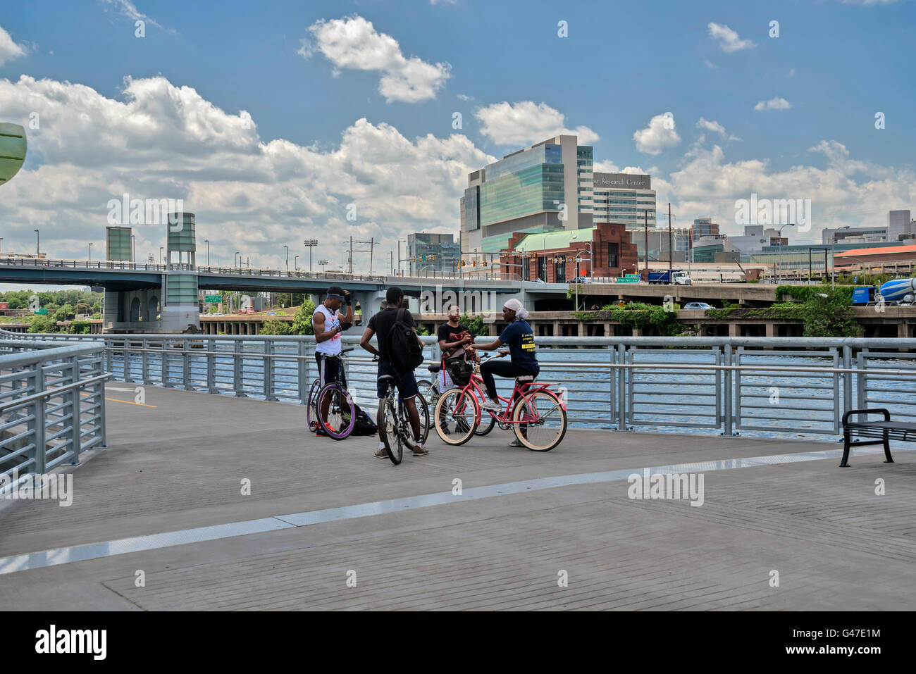 Meeting group of teenagers on the promenade of the river , Philadelphia ...