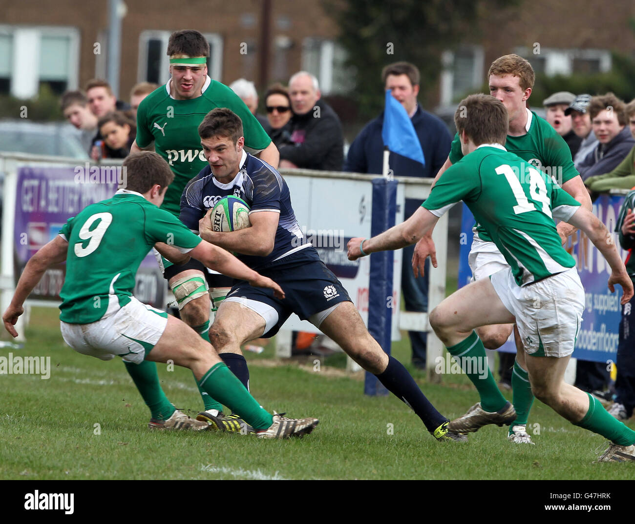 Scotland's Rory Hughes tries to break through the Irish defense during ...