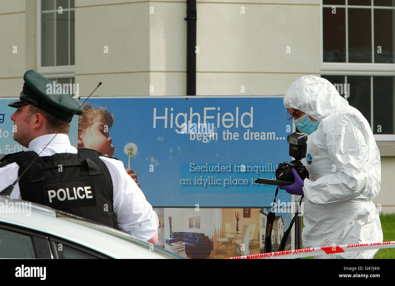 The scene in Highfield Close, Omagh, as forensic PSNI officers work at ...