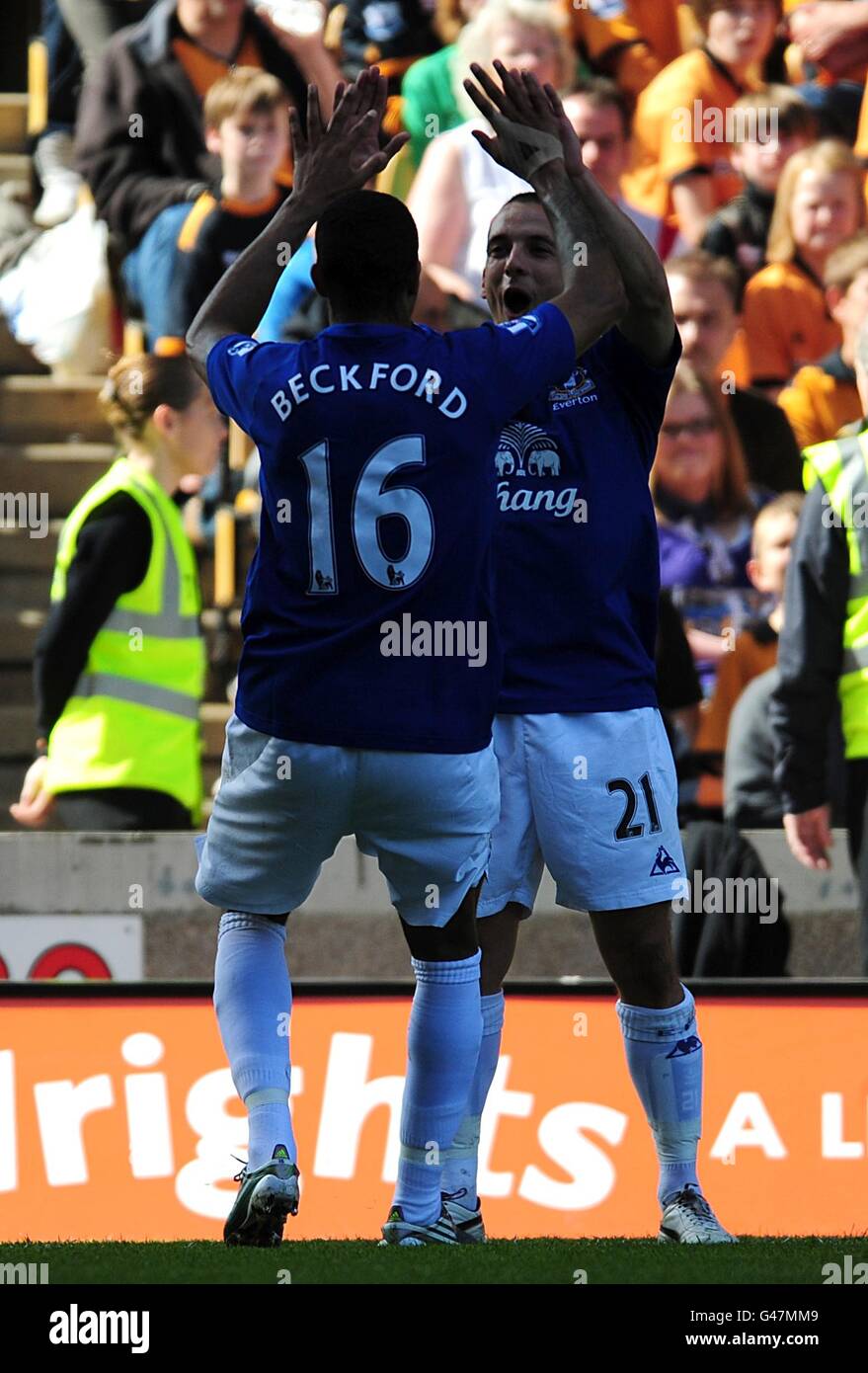 Everton's Jermaine Beckford (left) celebrates with his team-mate Leon ...
