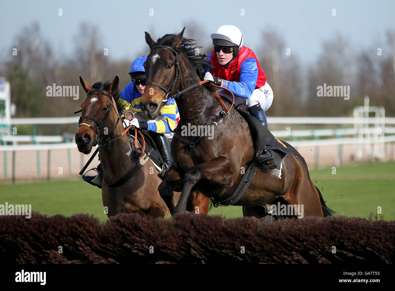 Jockey Adam Pogson on Dontupsettherhythm (right) jumps ahead of Henry ...
