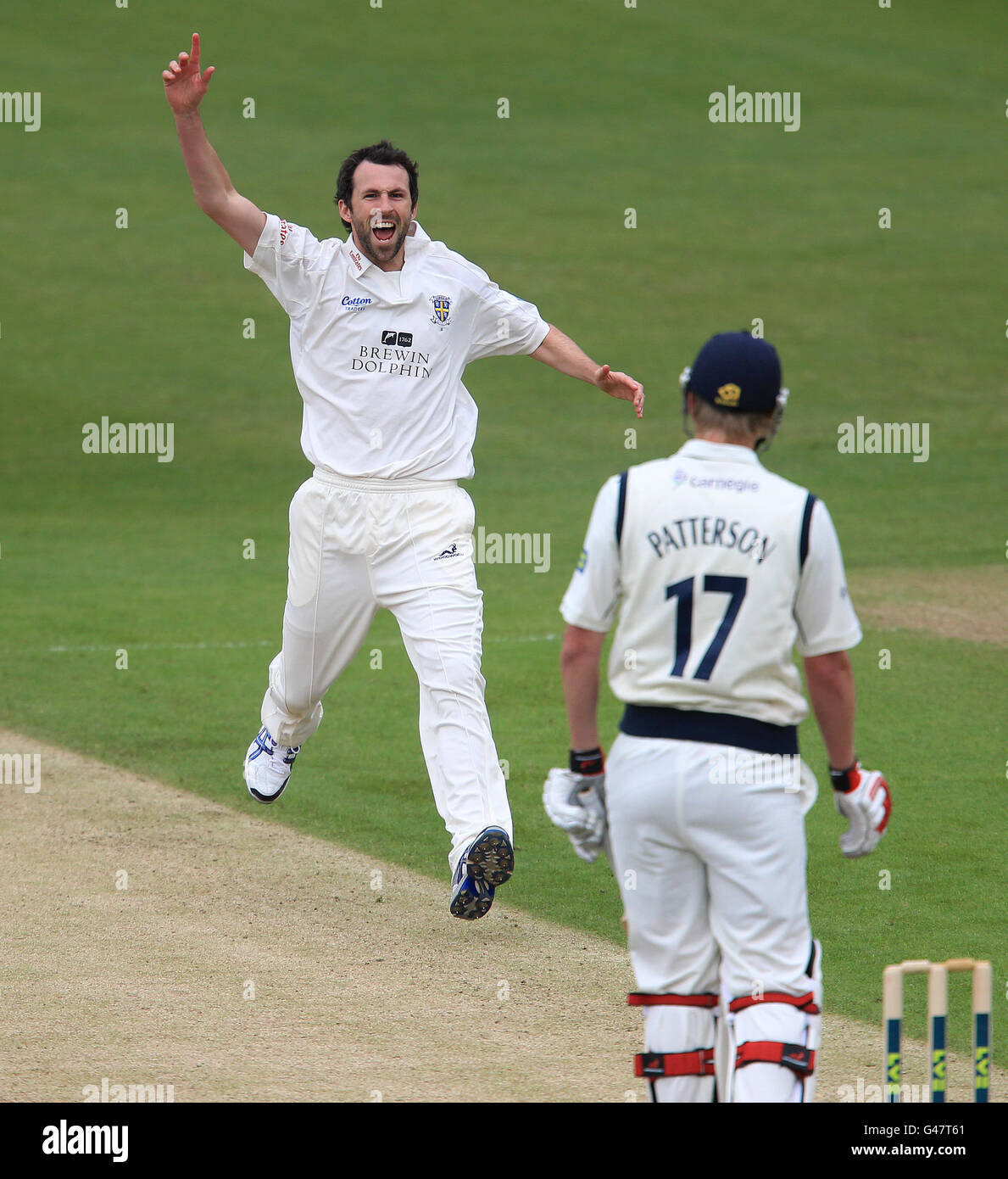 Durham's Graeme Onions celebrates the wicket of Yorkshire's Steven ...