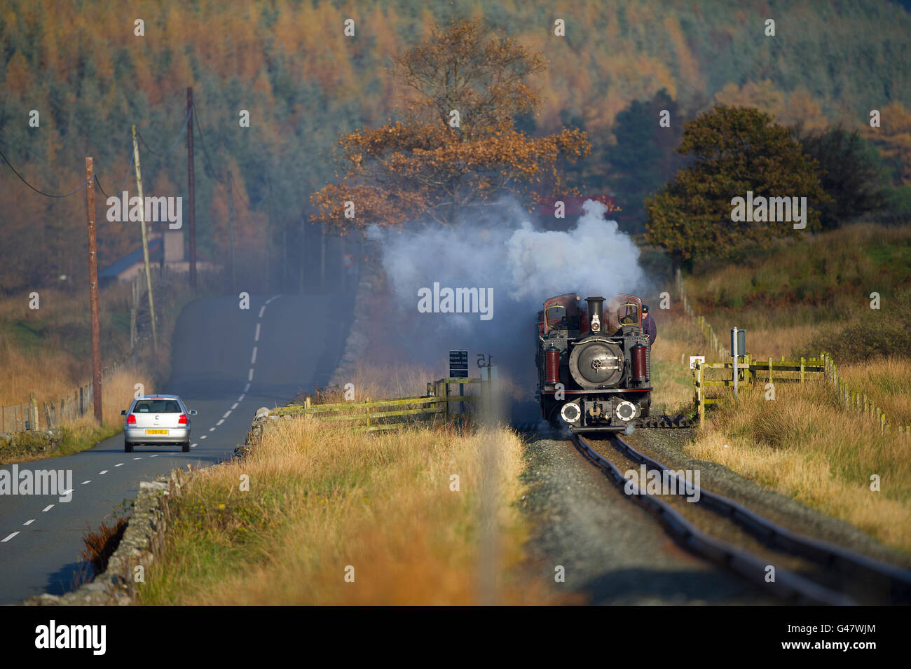 Vintage Steam Engine with smoke billowing out of the chimney and driver ...