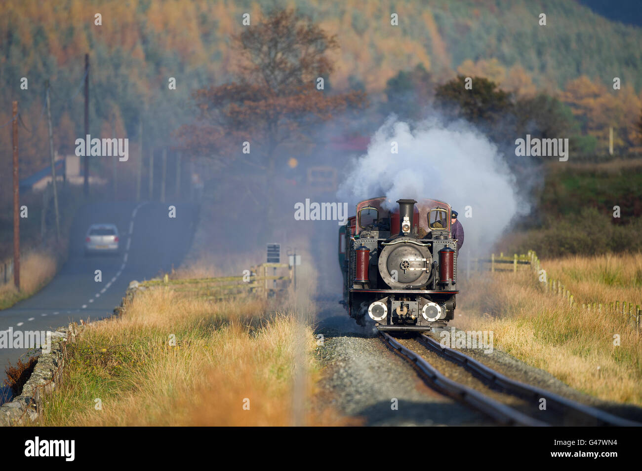 Vintage Steam Engine with smoke billowing out of the chimney and driver ...