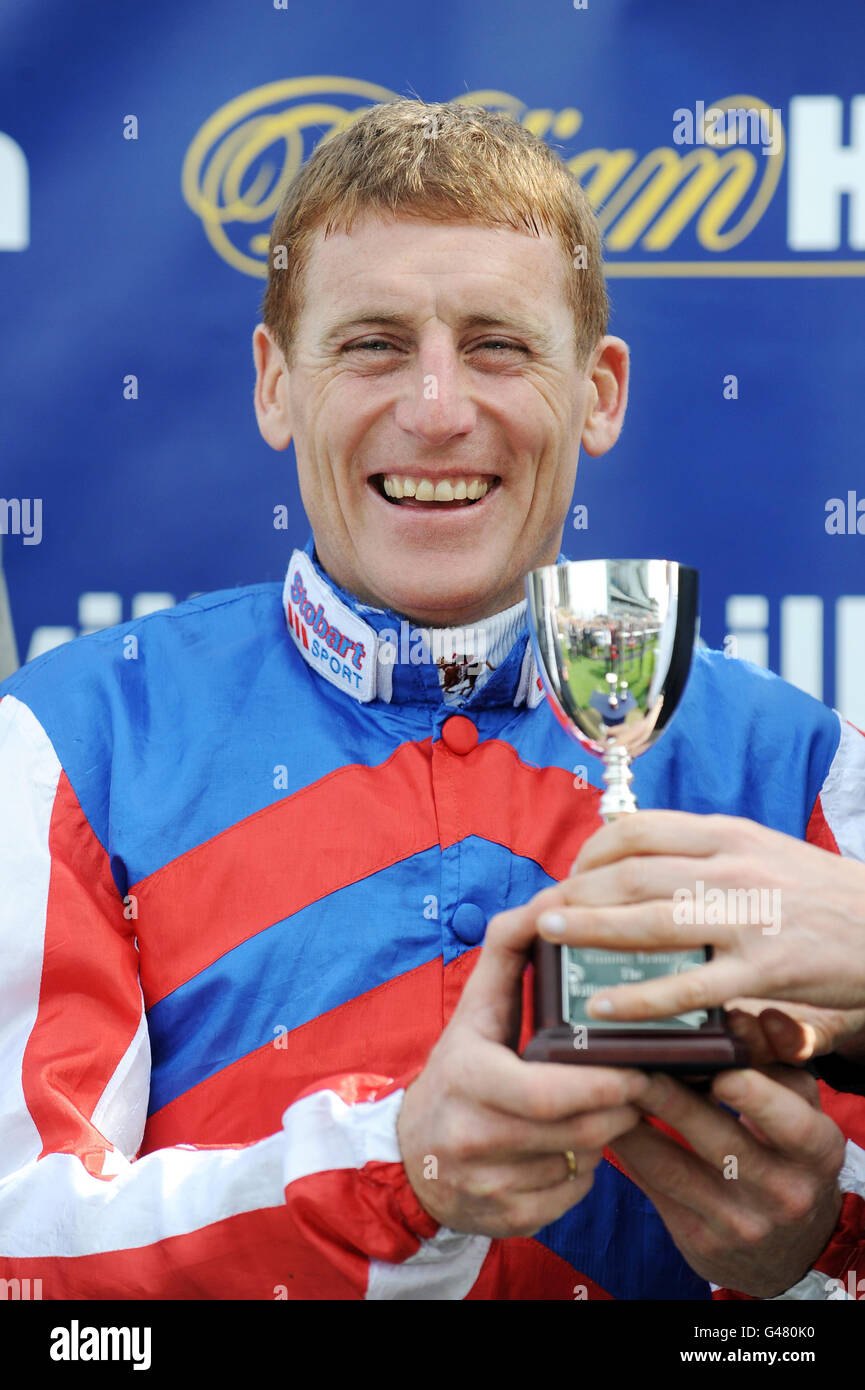 Jockey Johnny Murtagh with the winning jockey's trophy after the ...