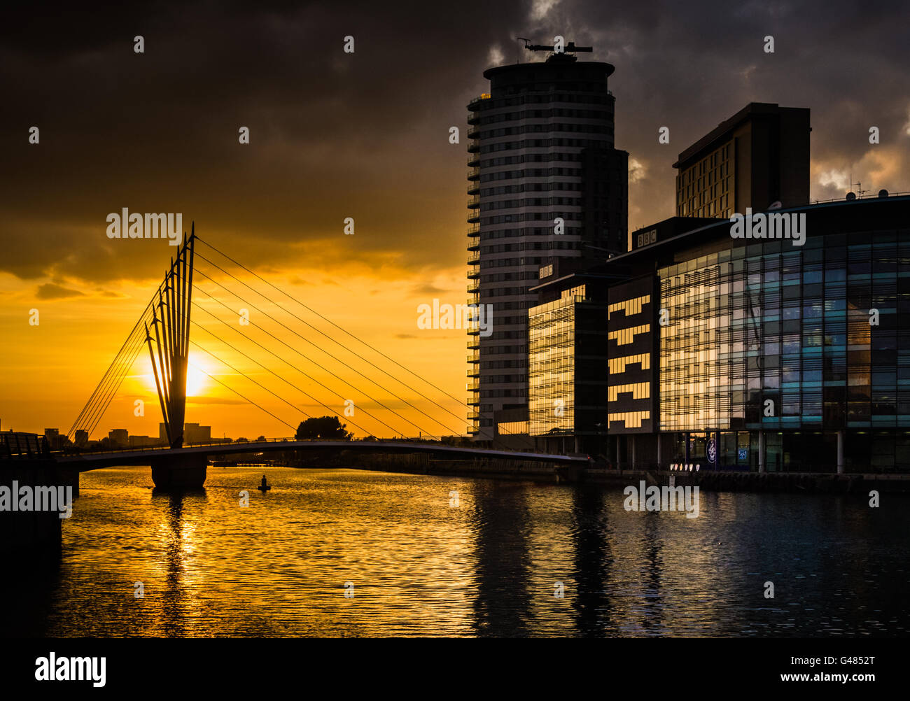 Salford Quays at Twilight, BBC, Footbridge, sunset Stock Photo - Alamy
