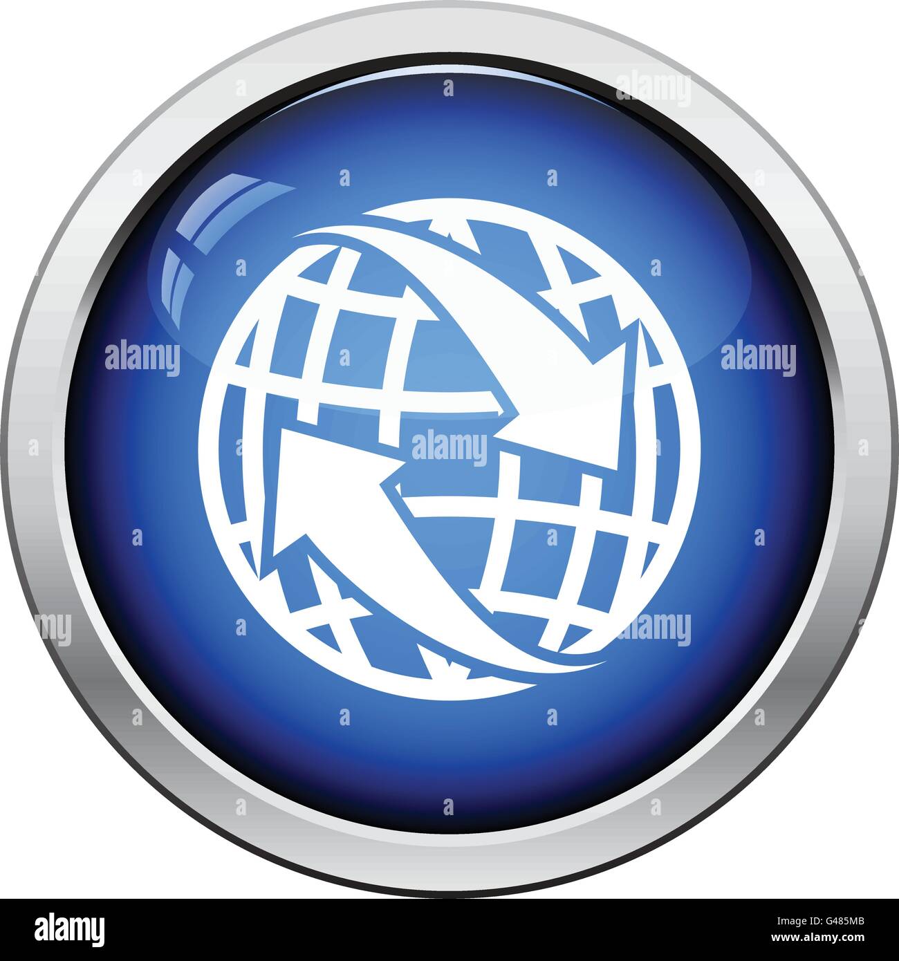 Globe with arrows icon. Glossy button design. Vector illustration Stock ...