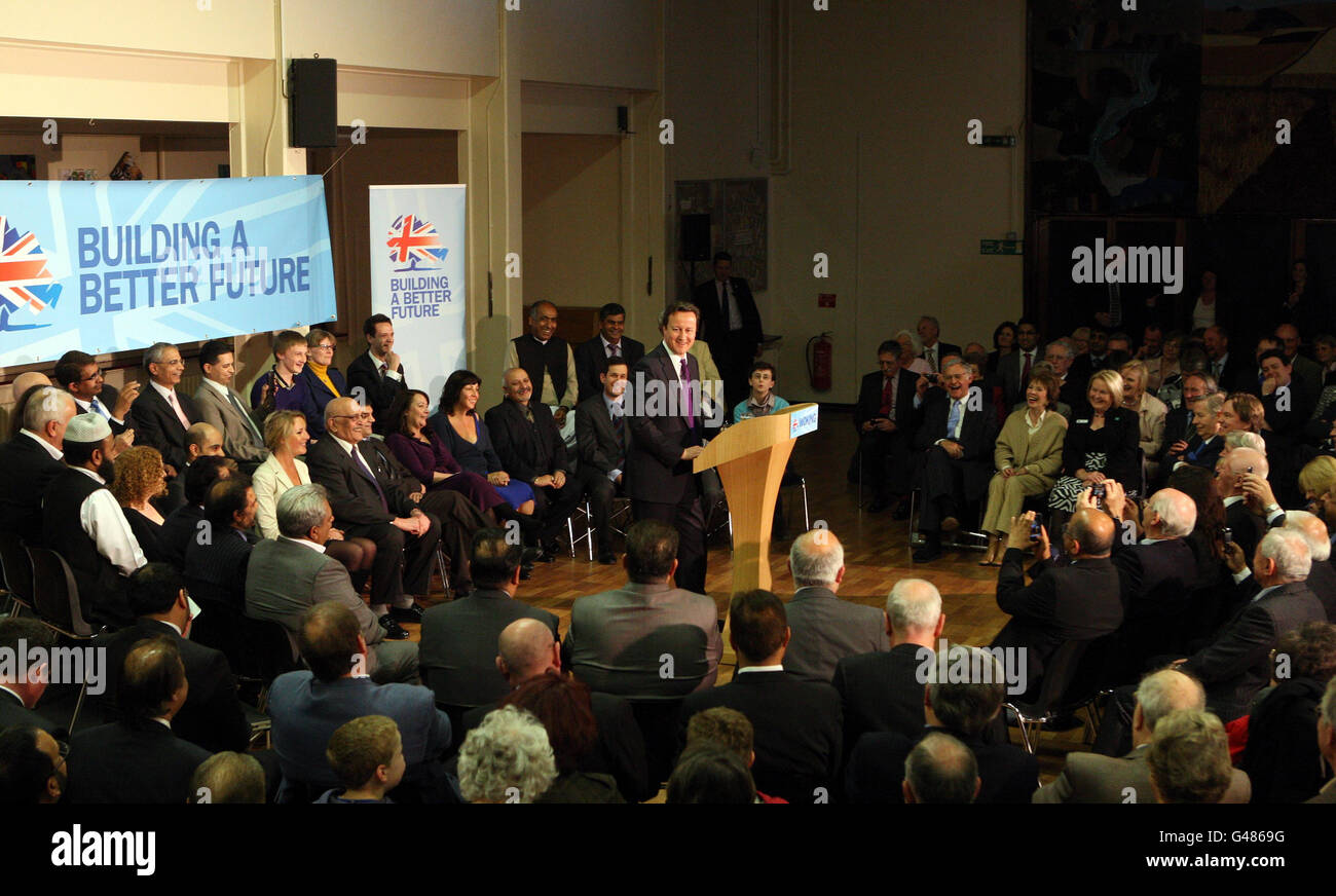 David Cameron delivers a speech during a visit to the Bishop David ...